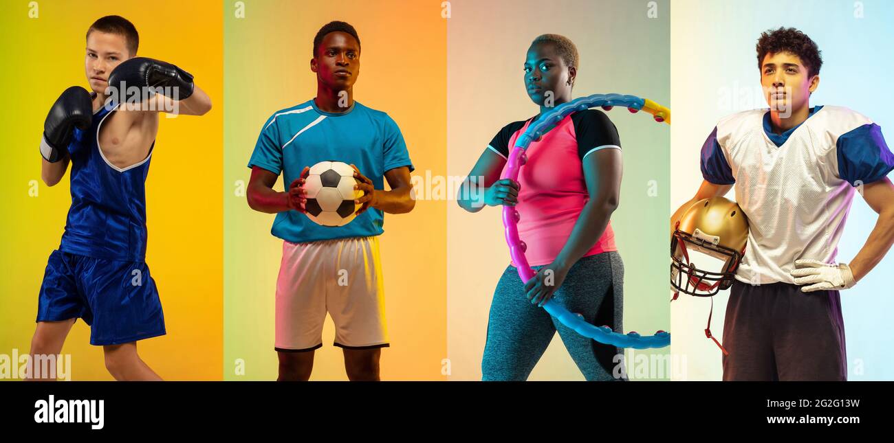 Collage of different professional sportsmen, fit people in action and ...