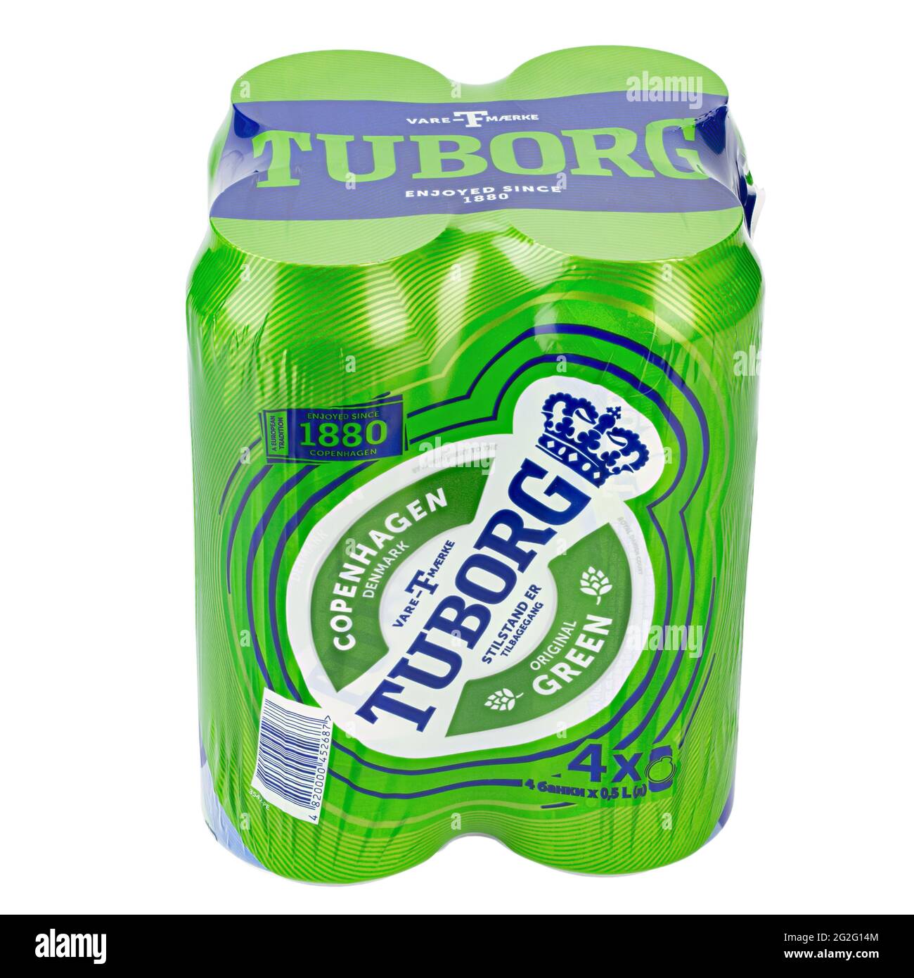Ukraine, Kiev - May 27. 2020: Aluminium four-pack of Tuborg green beer ...