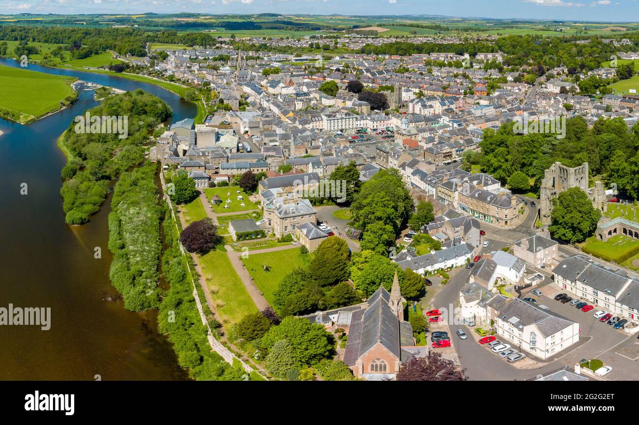 Aerial view from drone of town of Kelso beside River Tweed in Kelso ...