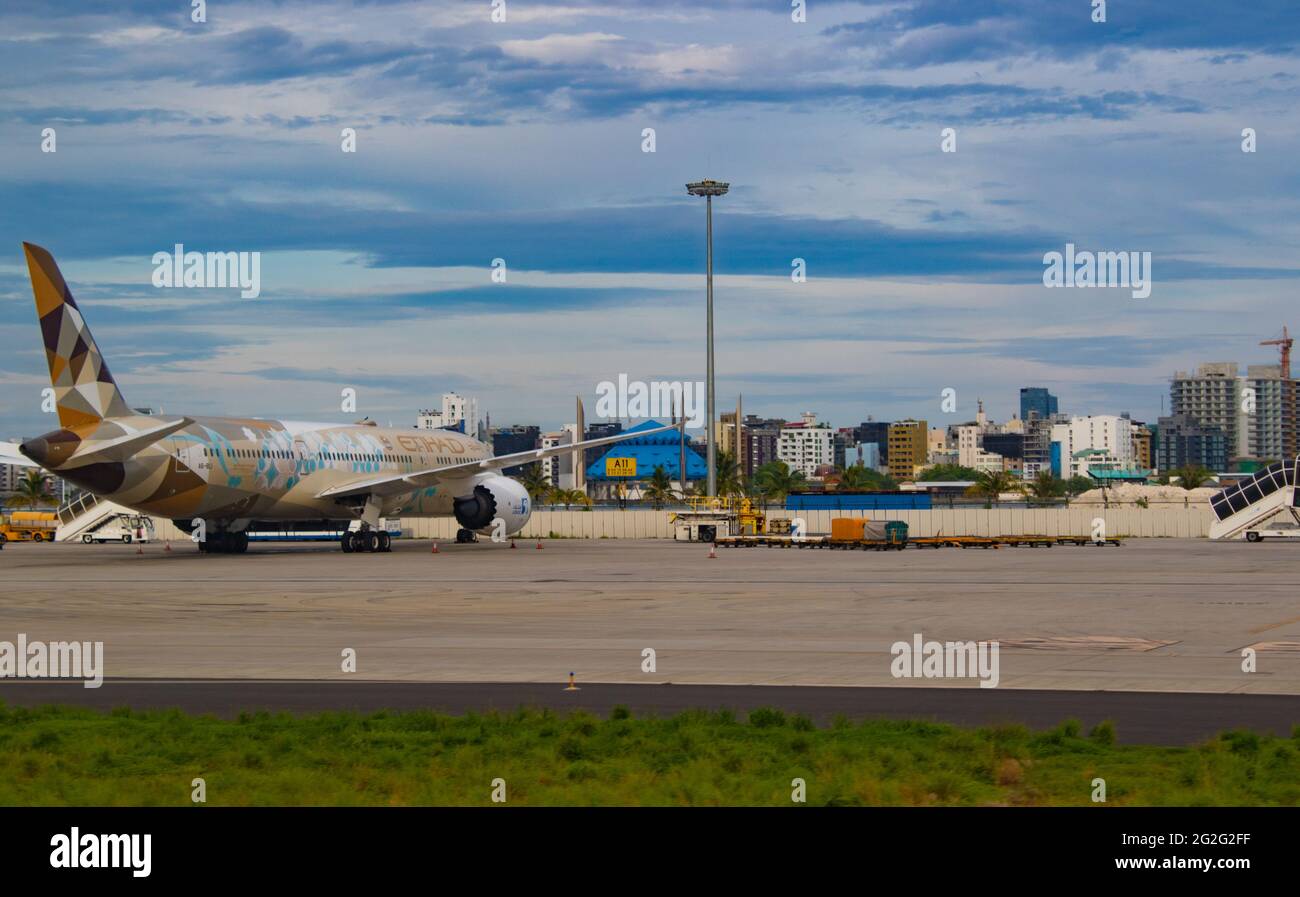 View of the runway of Velana International Airport,Male,Maldives.This ...