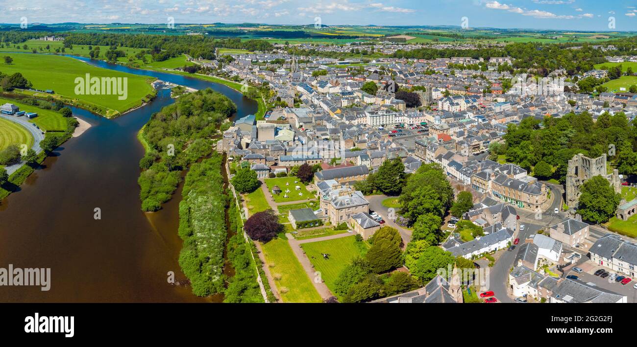 Aerial view from drone of town of Kelso beside River Tweed in Kelso ...