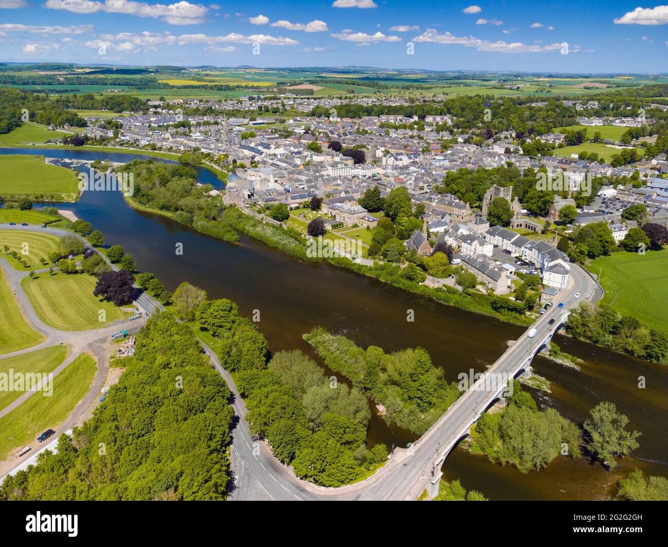Aerial view from drone of town of Kelso beside River Tweed in Kelso ...