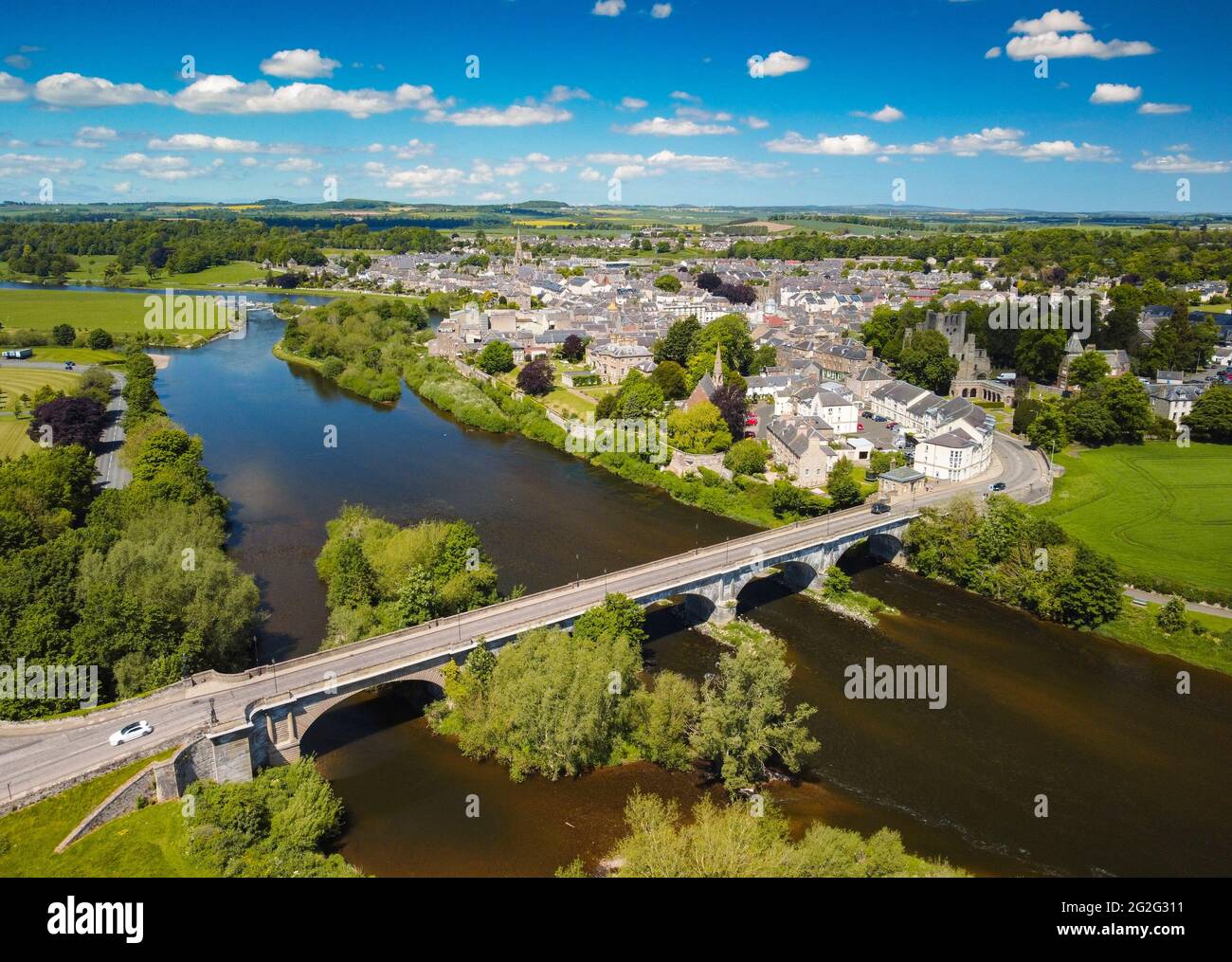 Aerial view from drone of town of Kelso beside River Tweed in Kelso ...