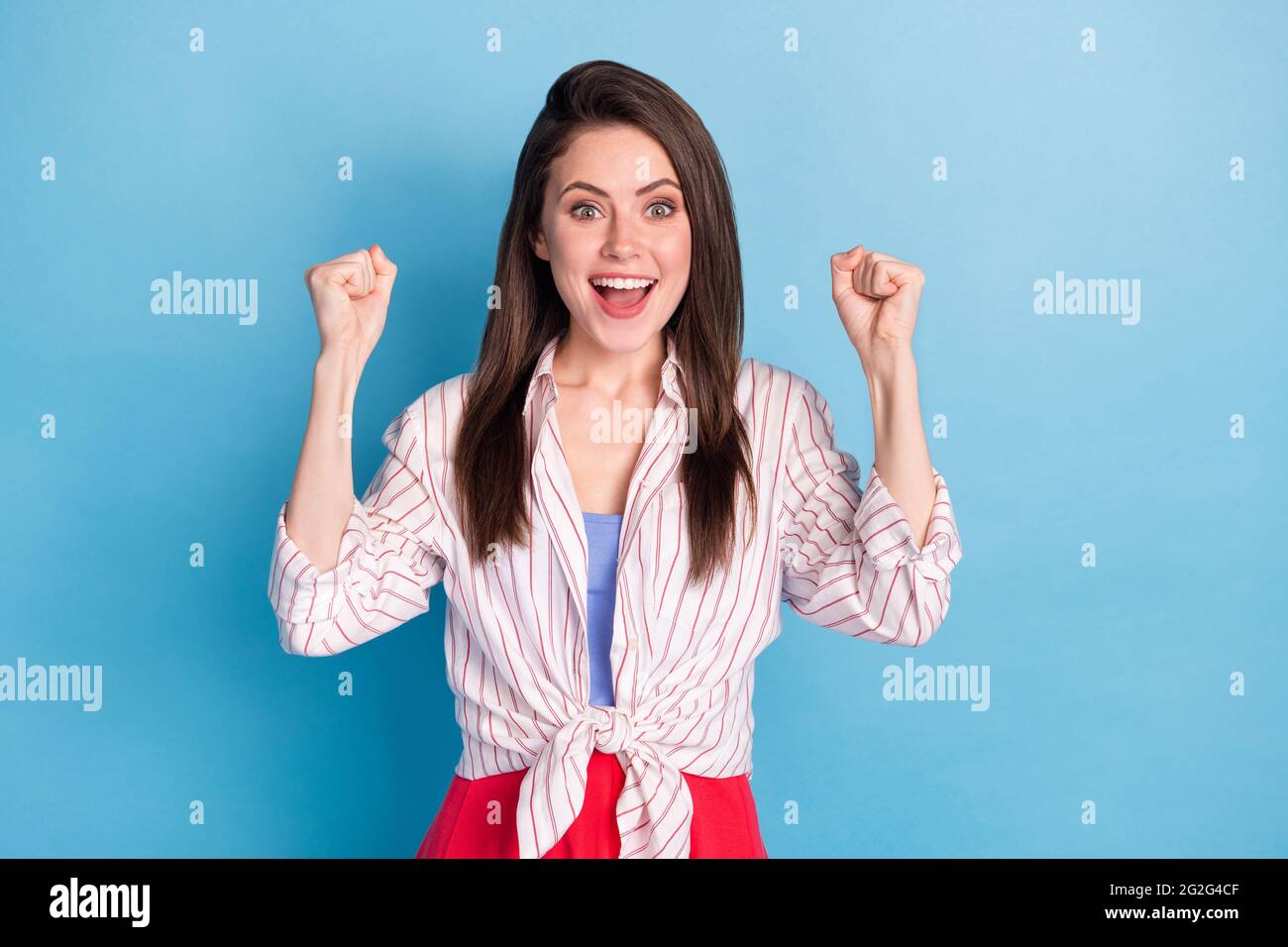 Portrait of attractive lucky successful cheerful girl great solution ...