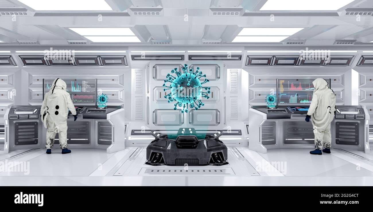 Laboratory scientist officer wearing Hazmat suit working in futuristic ...