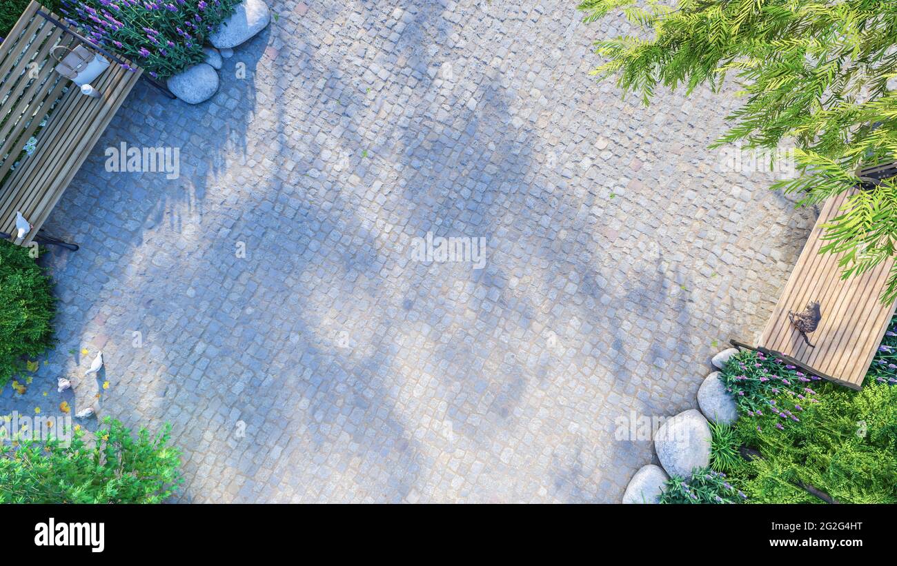 Top view of public park during summer in sunlight with wooden bench and ...