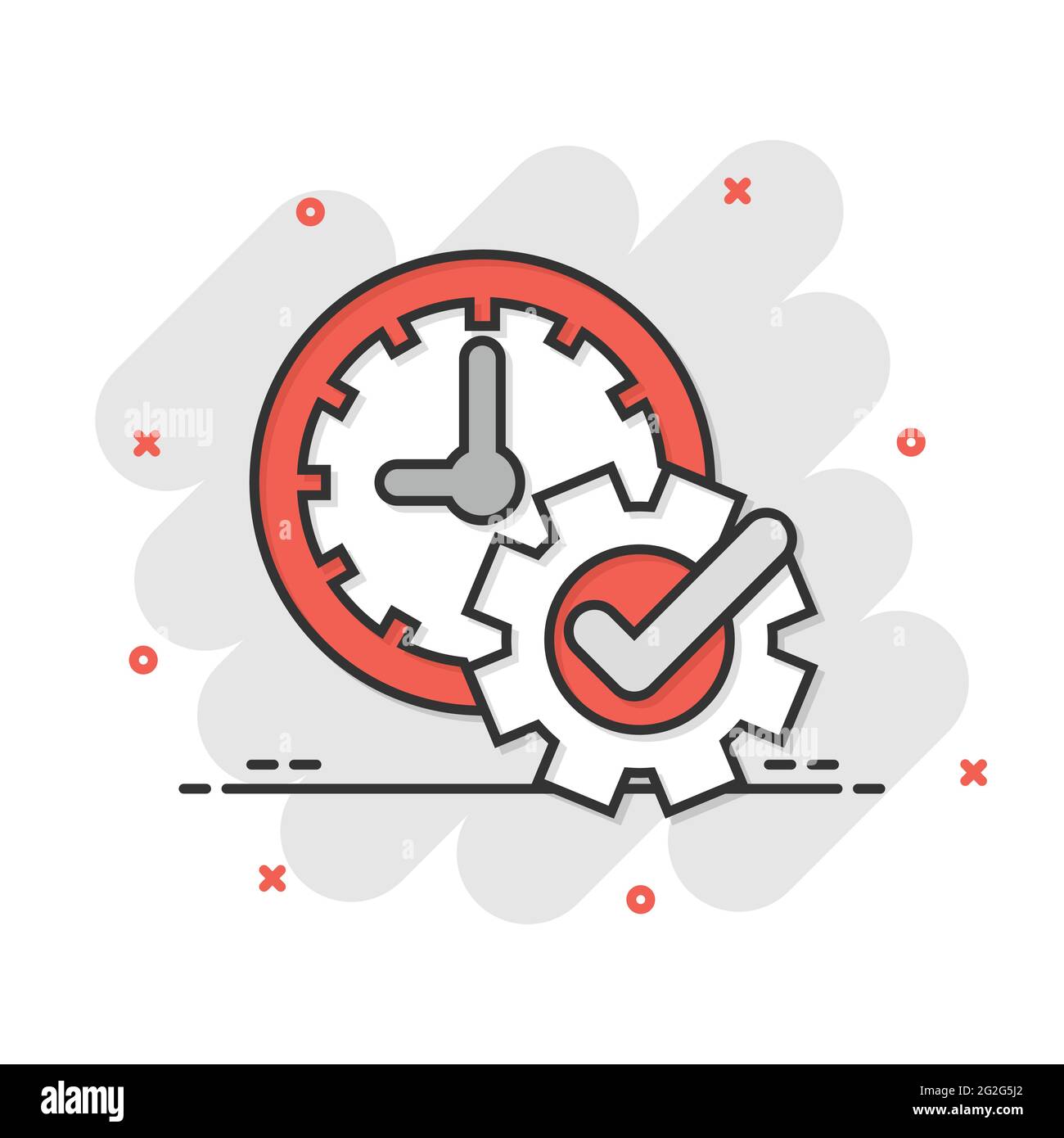 Check mark on clock icon in comic style. Gear with time cartoon vector ...