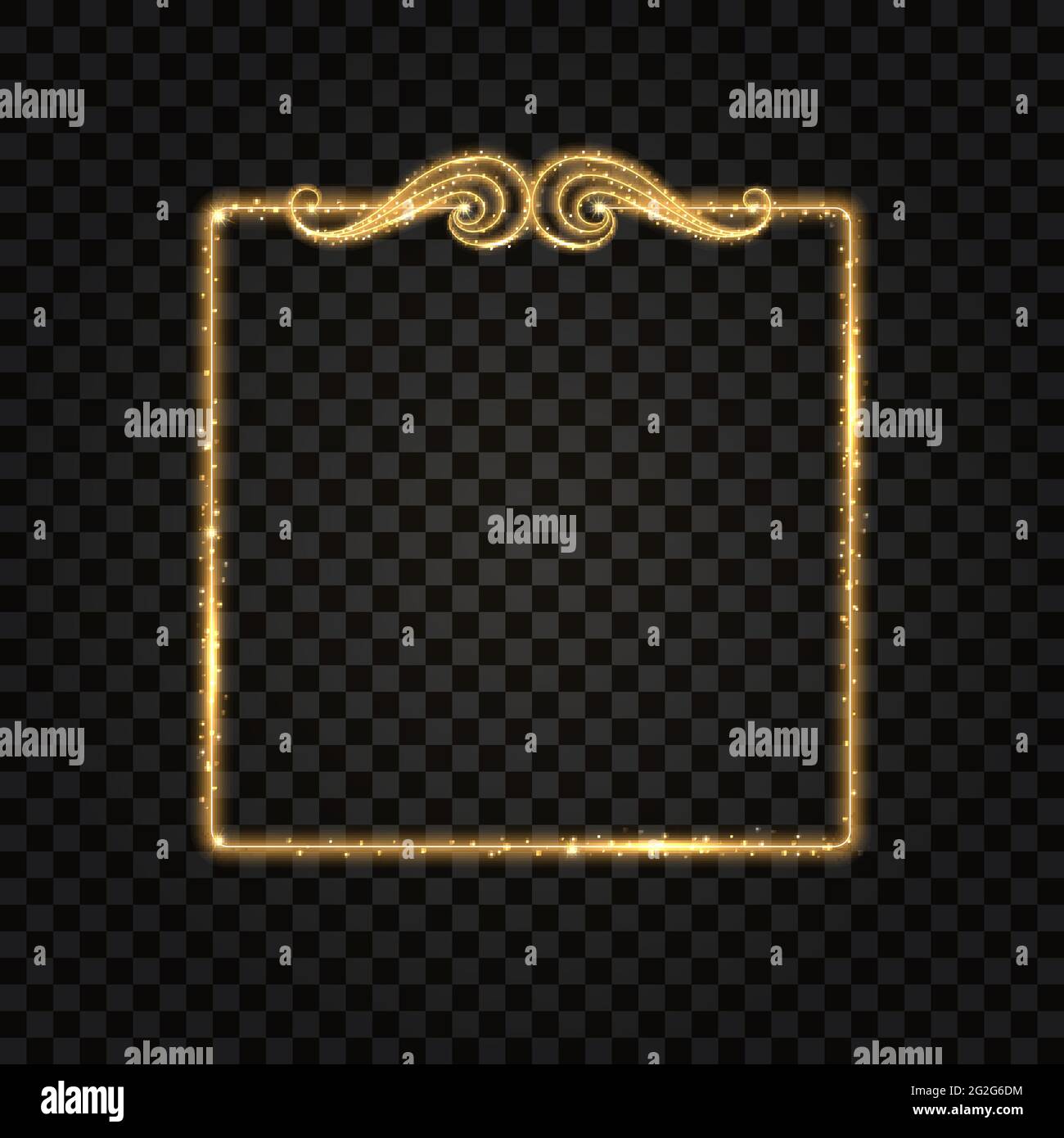 Gold square frame. Golden glow glittering effect, neon shine, light ...