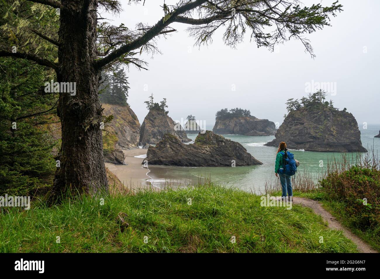 Backpacker Standing On A Cliff Next To The Pacific Ocean Stock Photo ...
