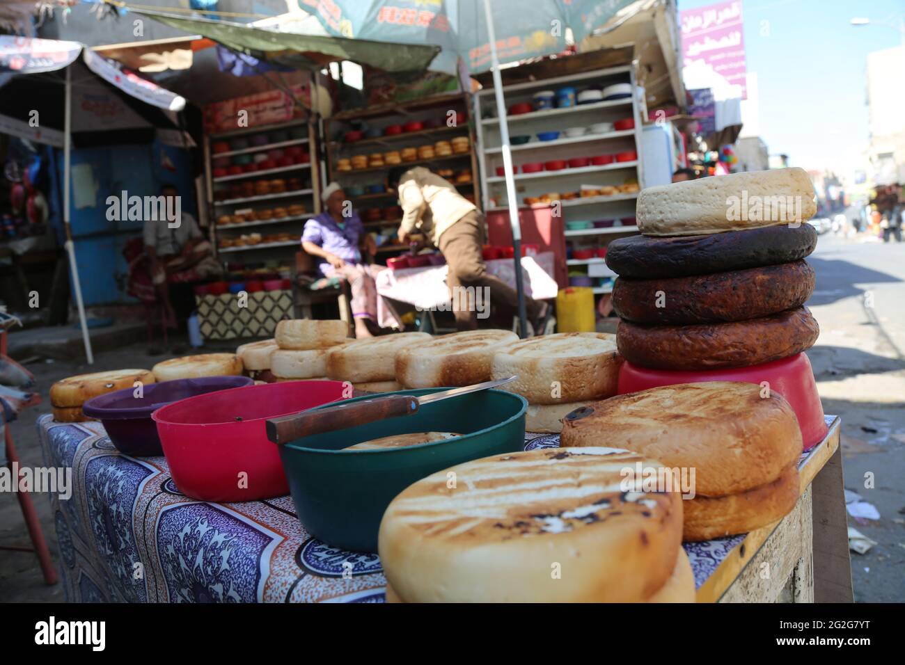 Taiz / Yemen - 16 Mar 2017 : A Yemeni man sells cheese in the popular ...