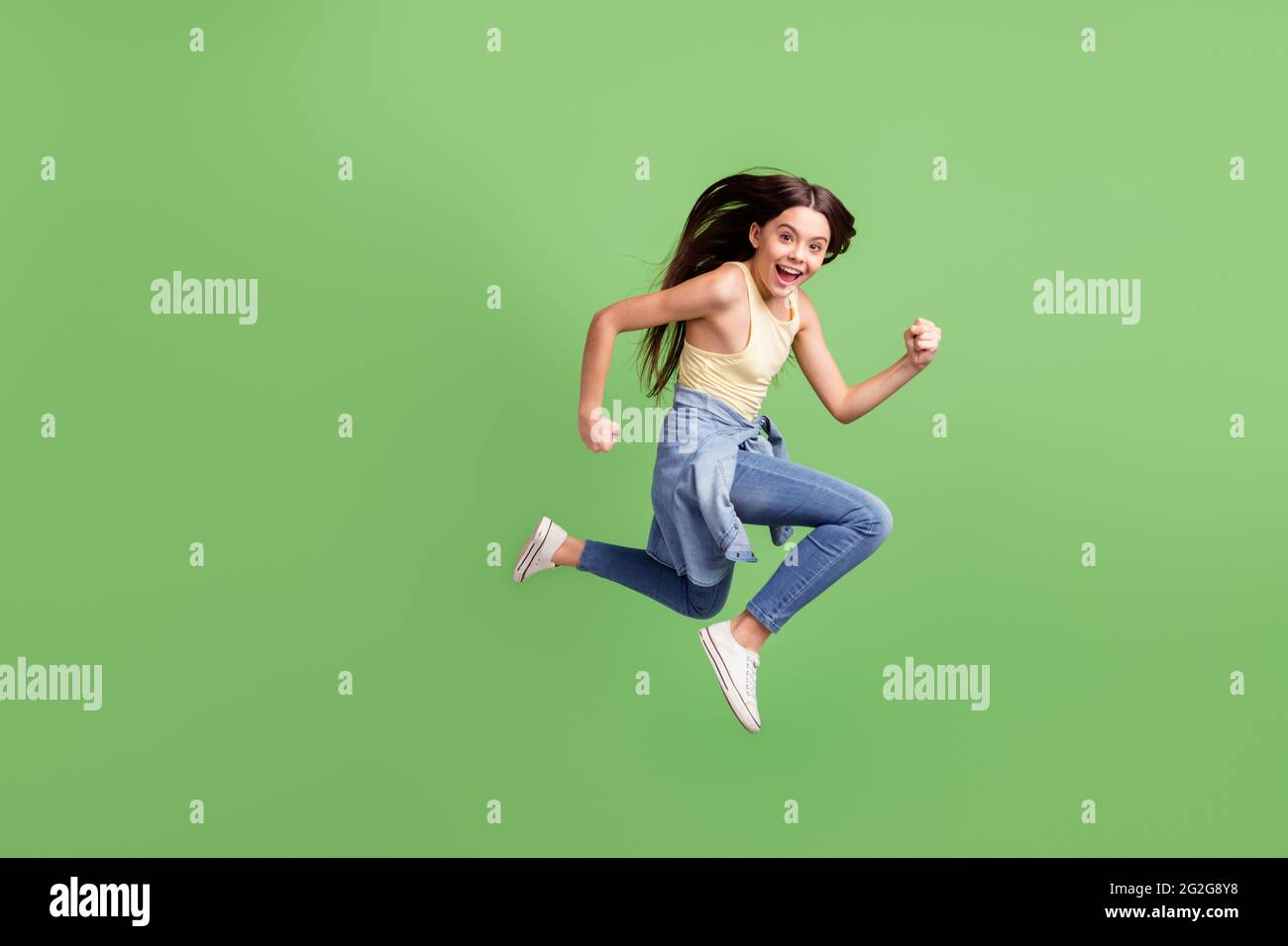 Full length body size view of pretty energetic cheerful girl jumping ...