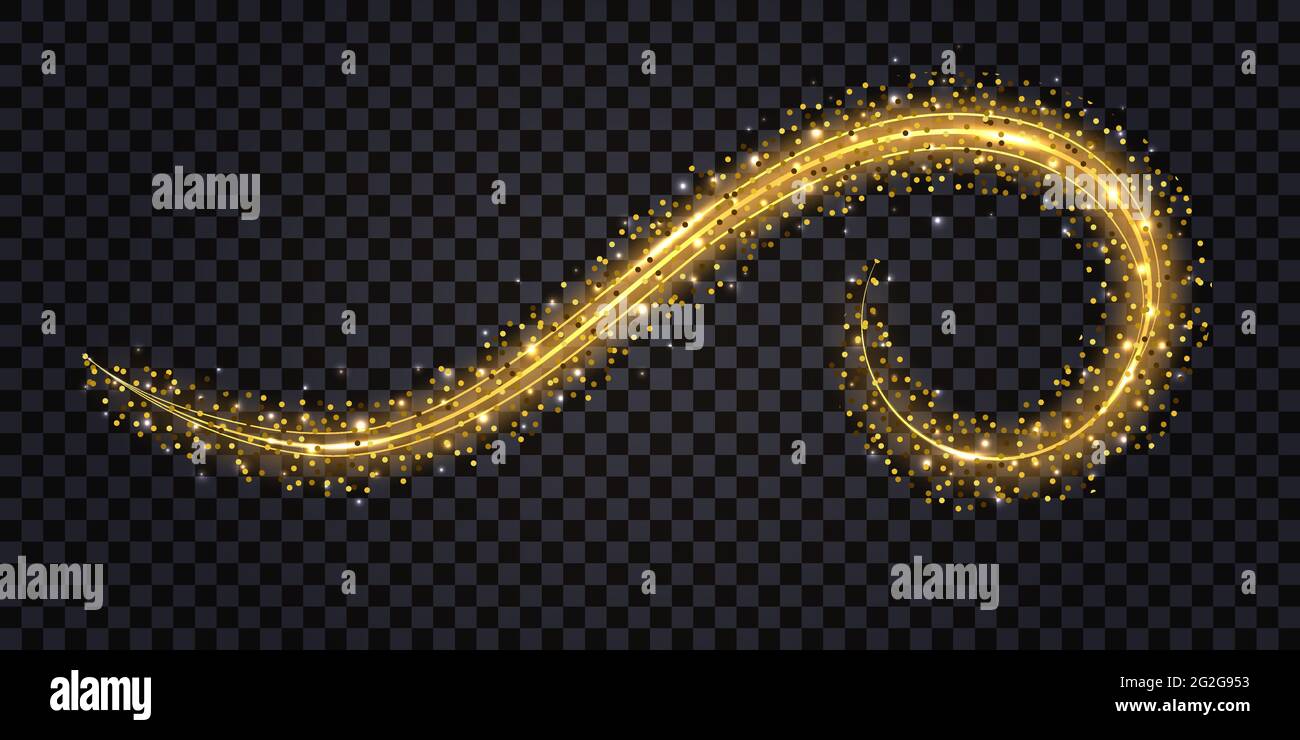 Golden light swirl wave. Glowing gold wavy lines and magic shiny sparkles. Isolated element on ...