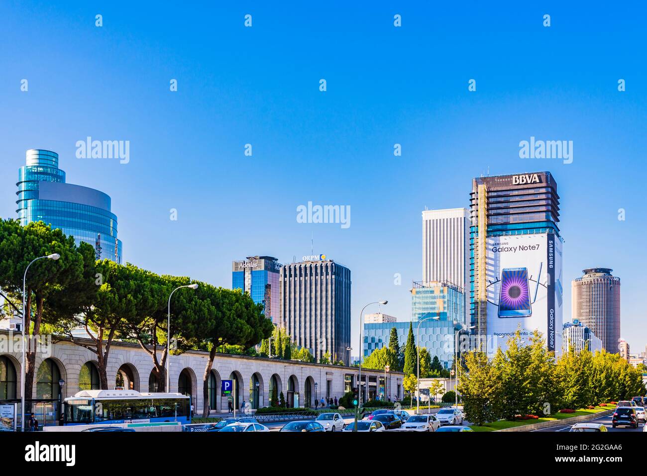 Skyscrapers of the AZCA complex. AZCA is a financial district in Madrid, Spain. The business ...
