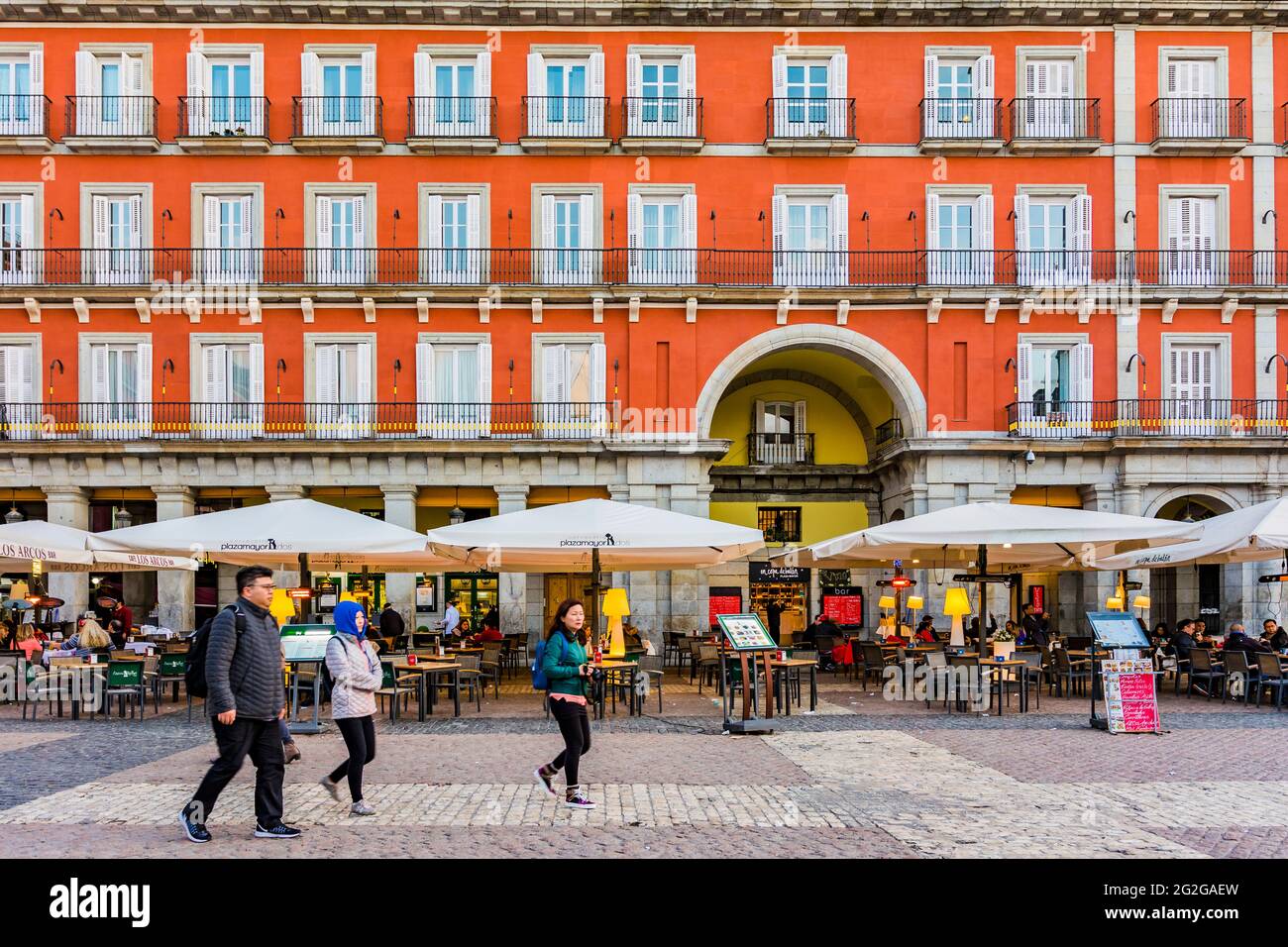 Restaurants bars and terraces at dusk. The Plaza Mayor, Main Square, is ...