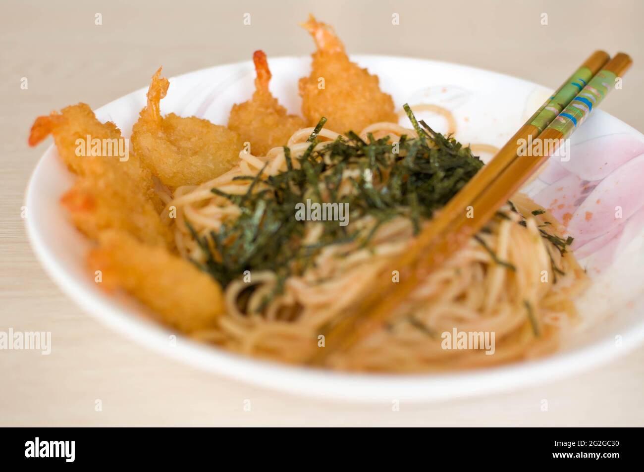 Japanese Wafu Ebi Fritters pasta topped with mentai sauce and seaweed ...