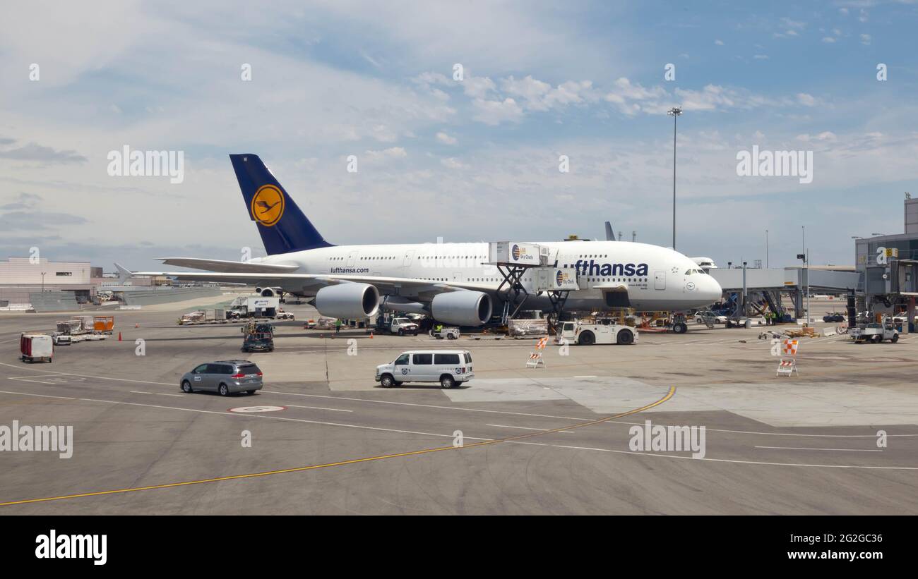 Lufthansa Airbus A380 at San Francisco International Airport Stock ...