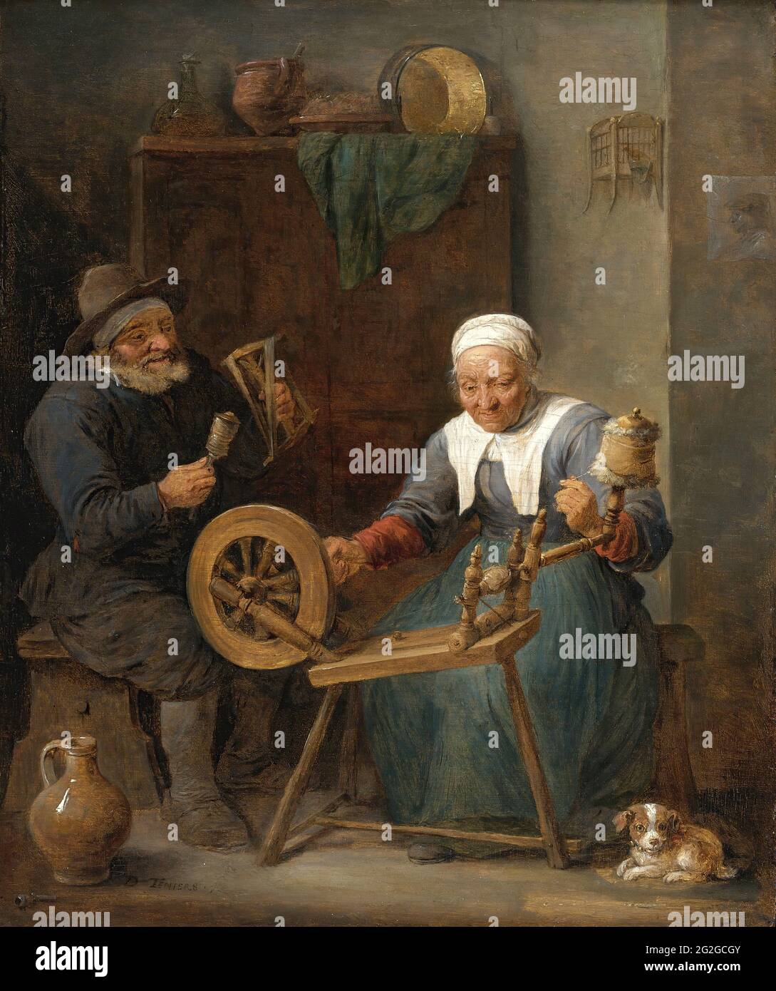 David Teniers - an Elderly Couple Spinning Wool in an Interior Stock ...