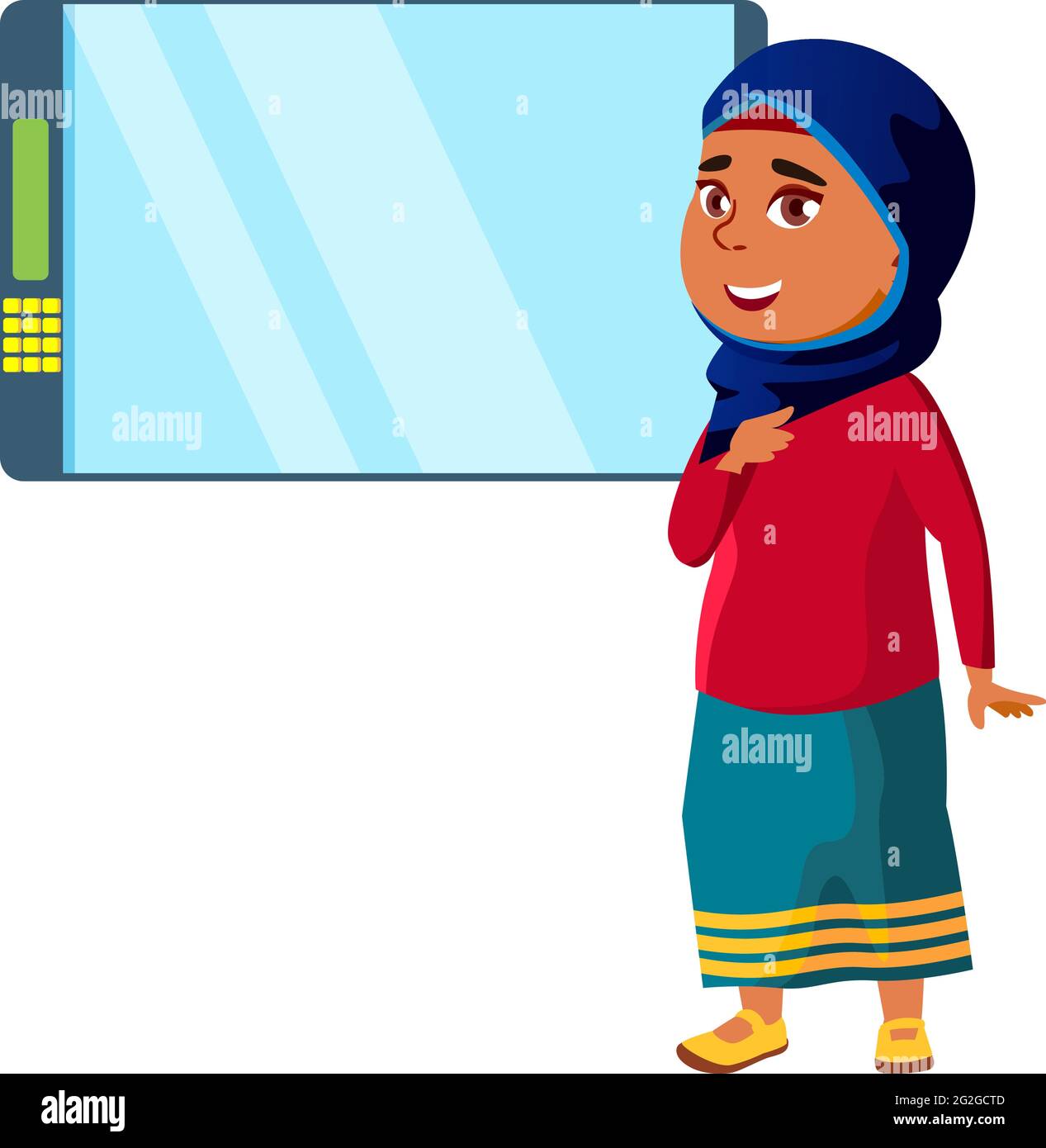 smiling islamic girl choosing snack in vending machine cartoon vector ...