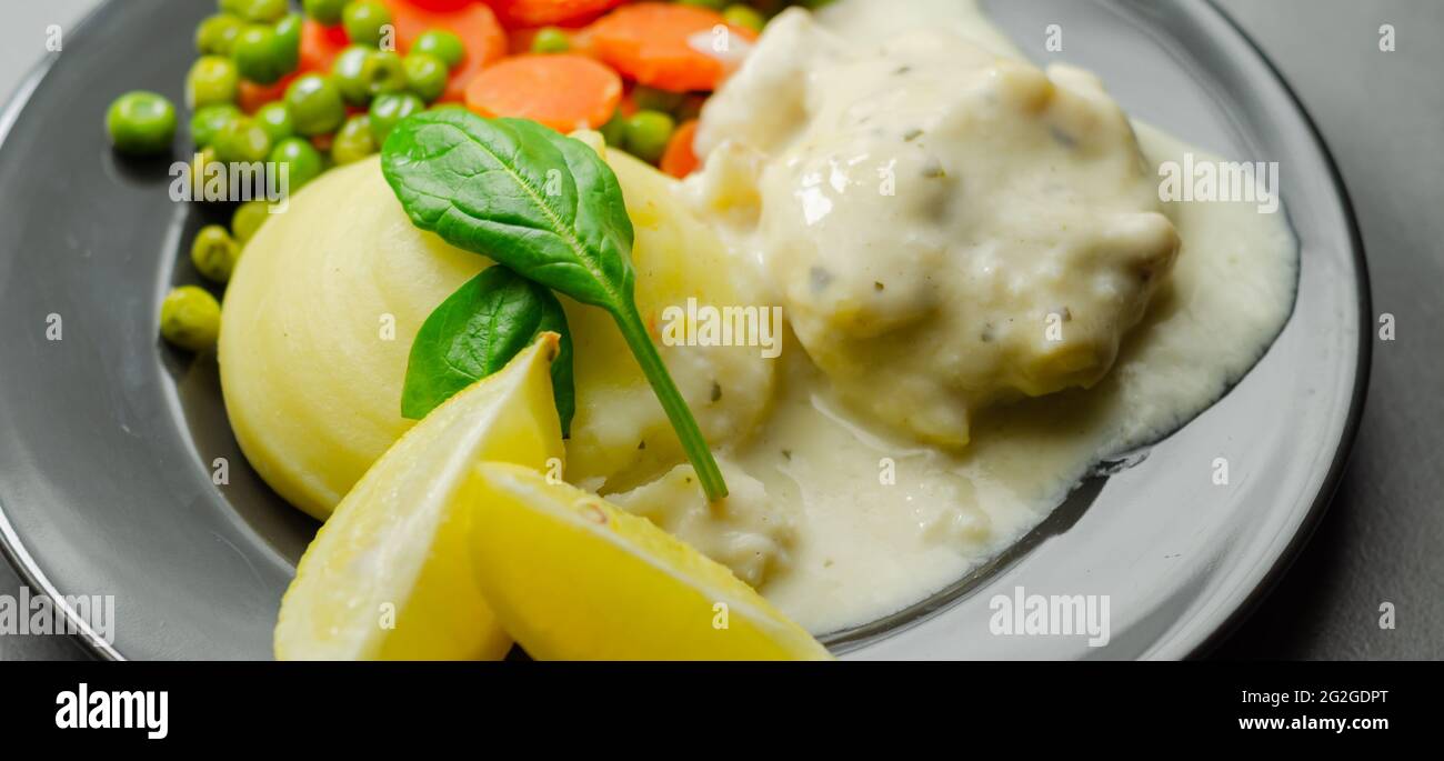 Cod Mornay, flaky cod with a creamy cheese sauce, with mashed potato ...