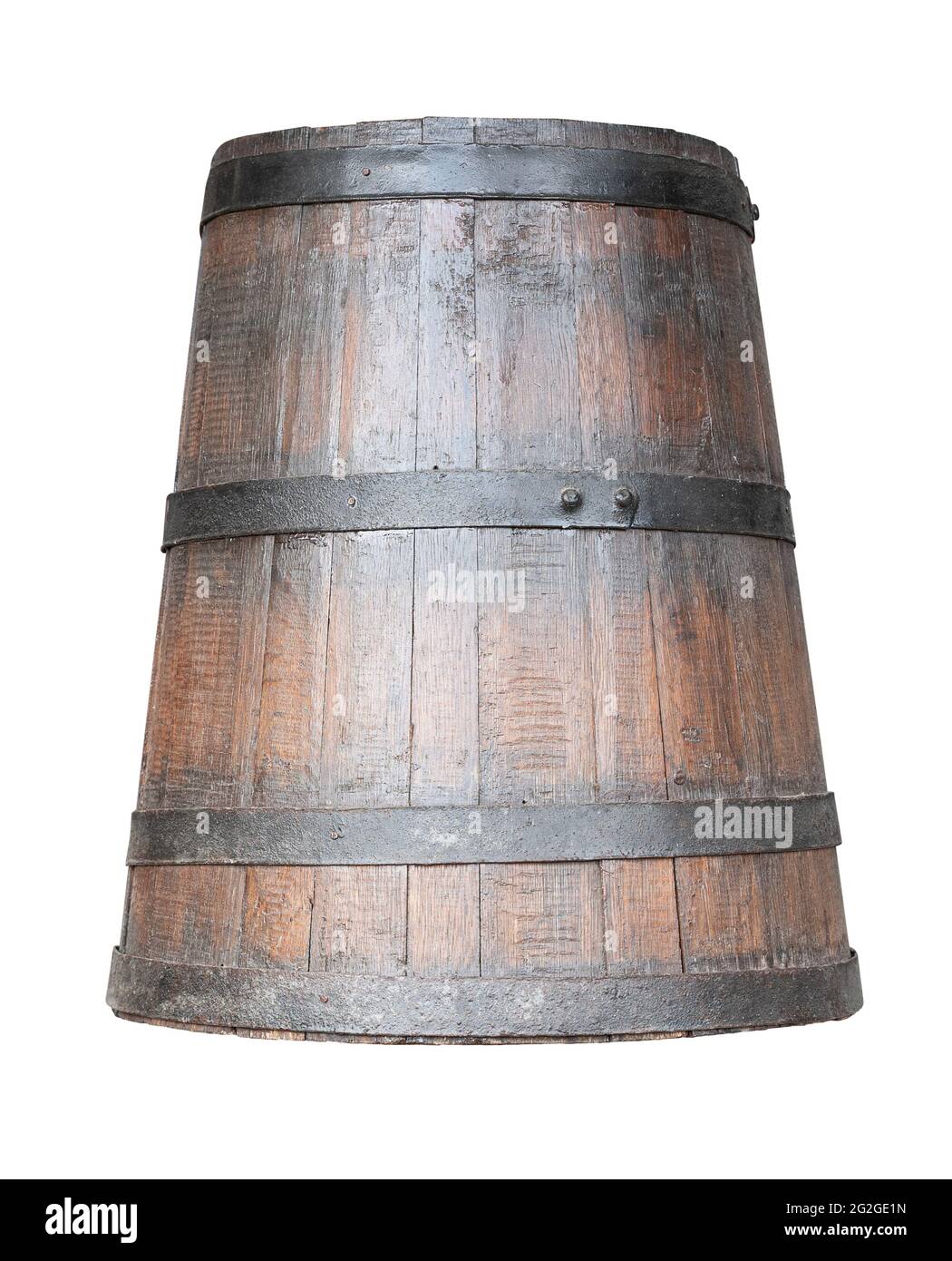 front view closeup of old wooden conical wine whiskey or beer barrel ...