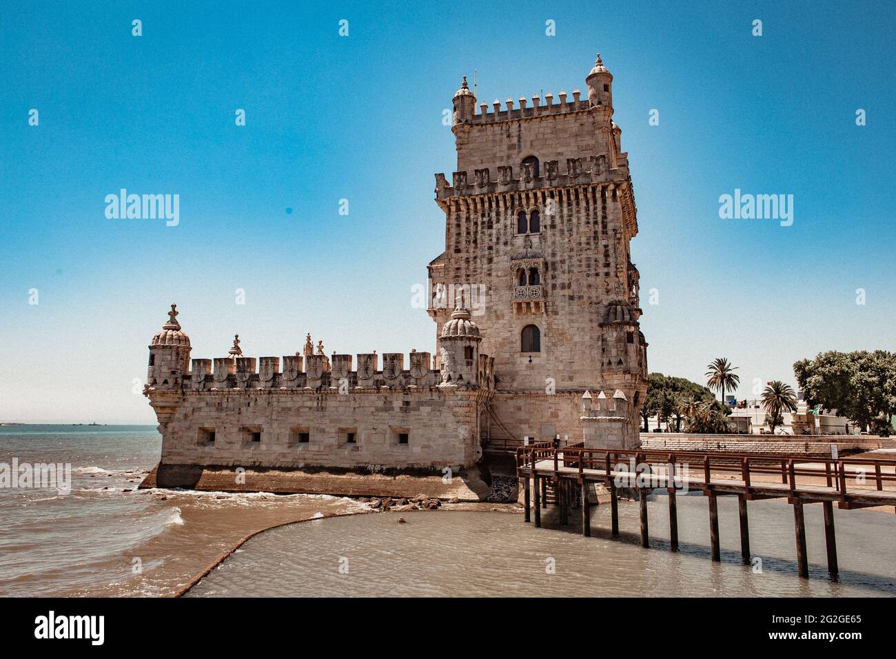 Closeup of the famous Belem Tower in Lisbon on a sunny day, Portugal ...