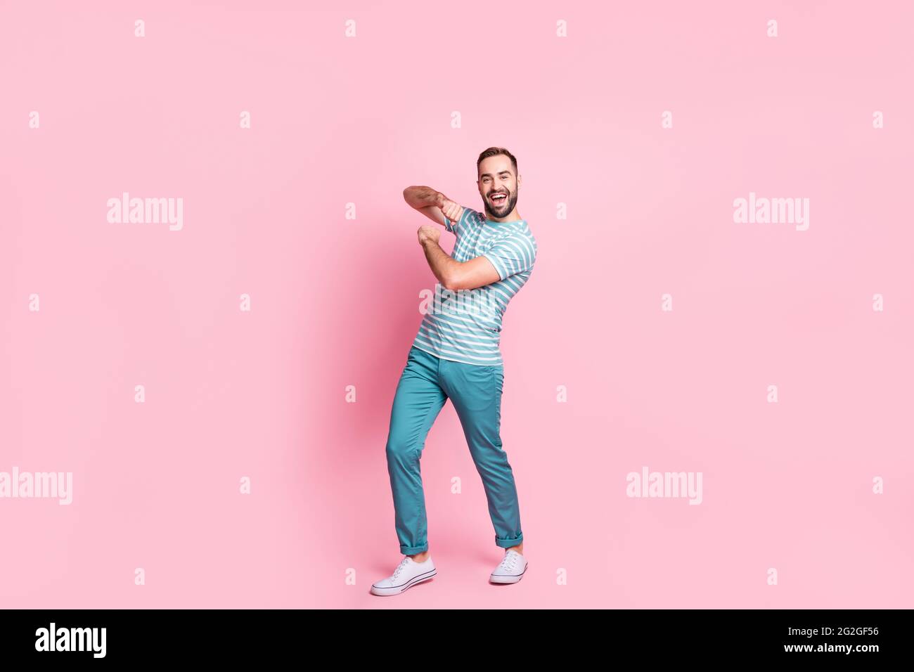 Full length body size view of nice attractive cheerful guy dancing ...