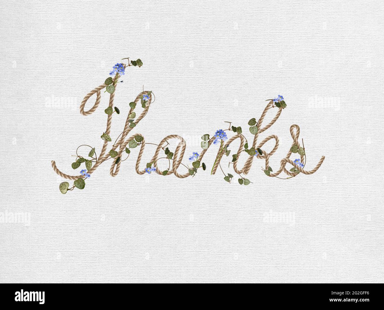 Thanks text in cursive writing with green ivy and blue flowers on white ...