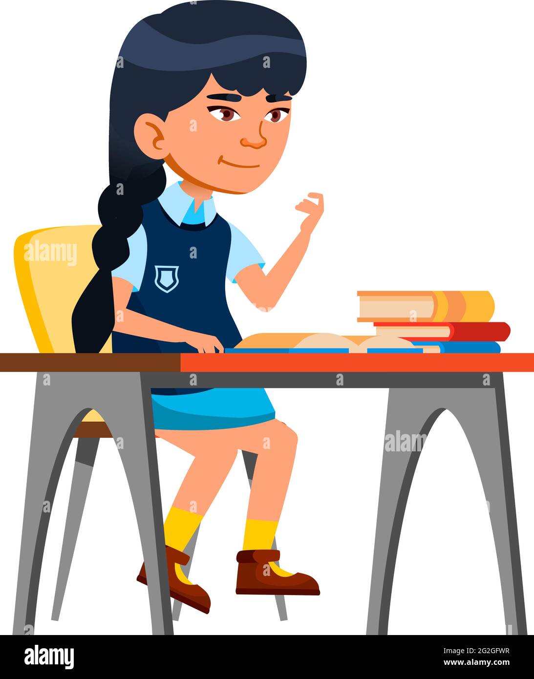 smart chinese girl sitting at desk with books studying at school ...