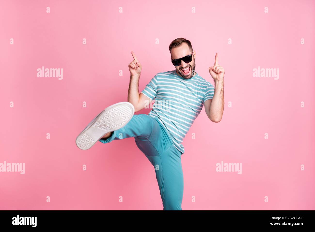 Portrait of nice naughty cheerful funky guy dancing having fun wear ...