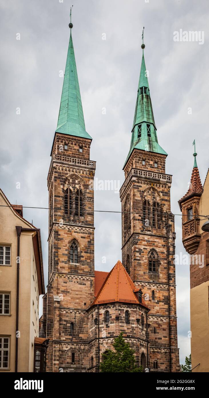 Bell towers of St. Sebaldus Church in Nuremberg, Germany, German ...