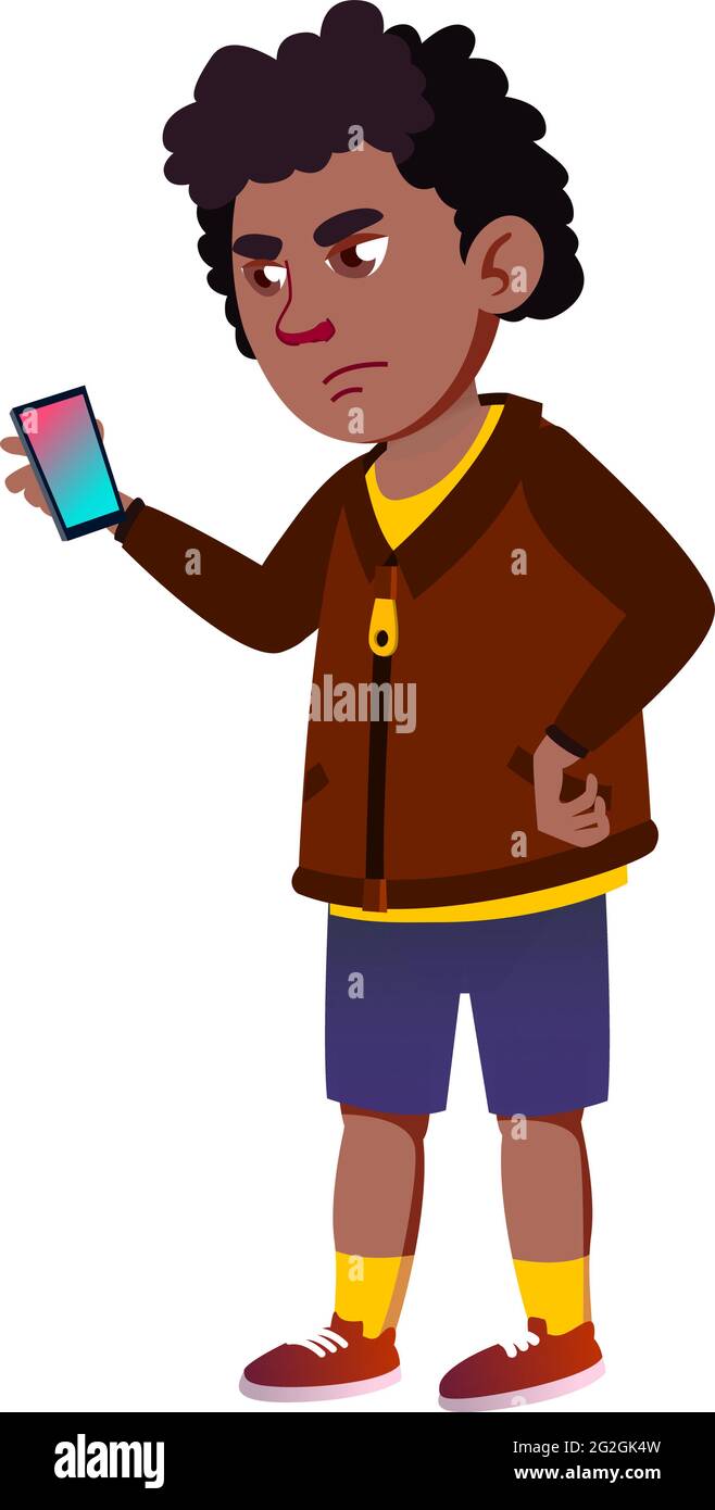 frustrated african boy reading sms message on phone screen cartoon ...