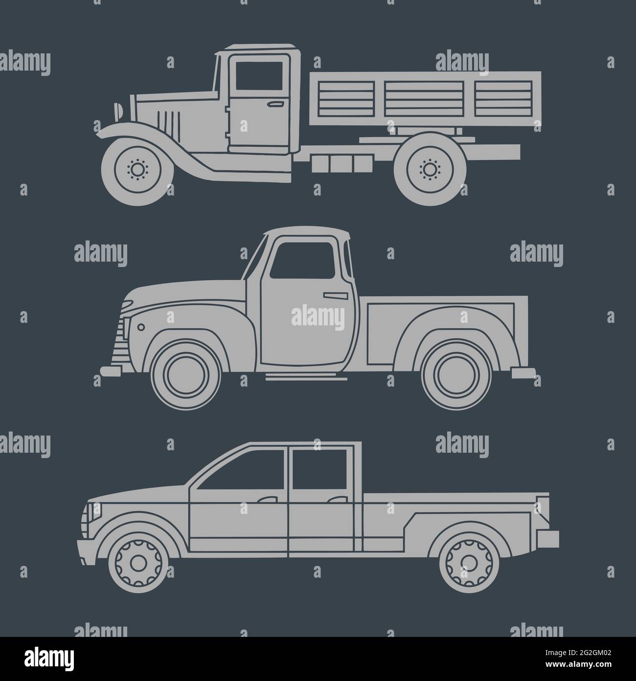 Set of vintage trucks. Simple icons on a dark background for printing ...