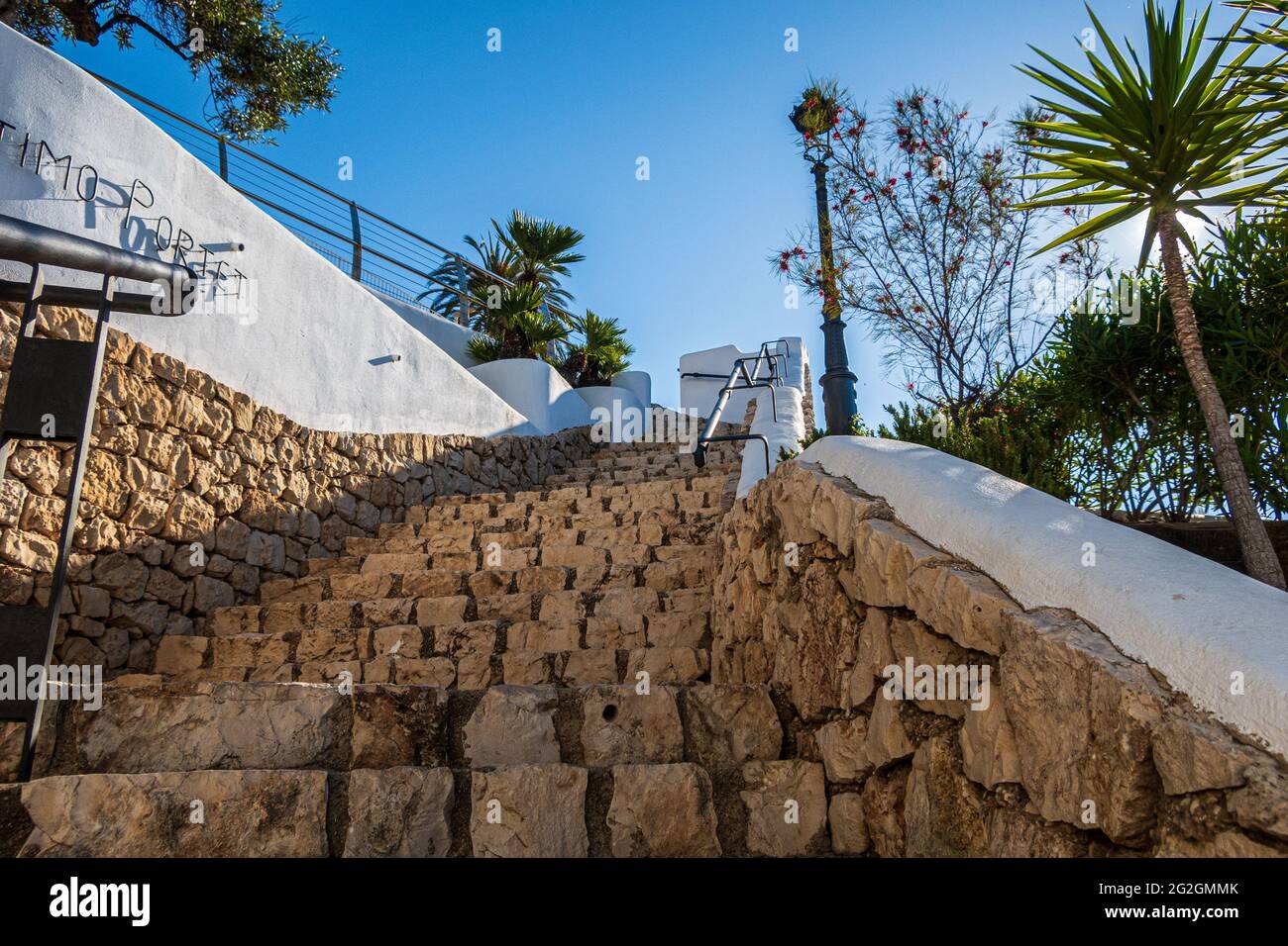 Low angle of stone stairs with palms and sky on the background Stock ...