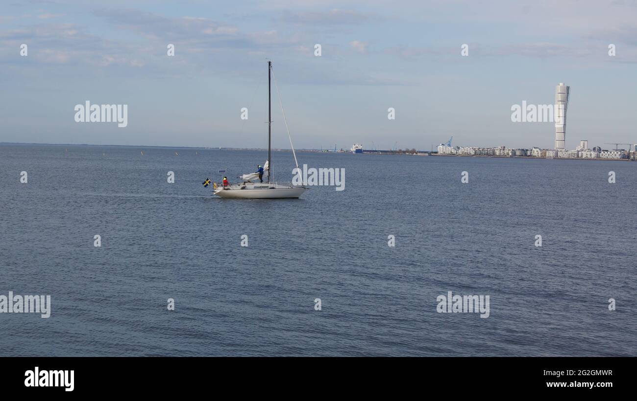 Beautiful view of the boat floating on the surface of the water on a ...