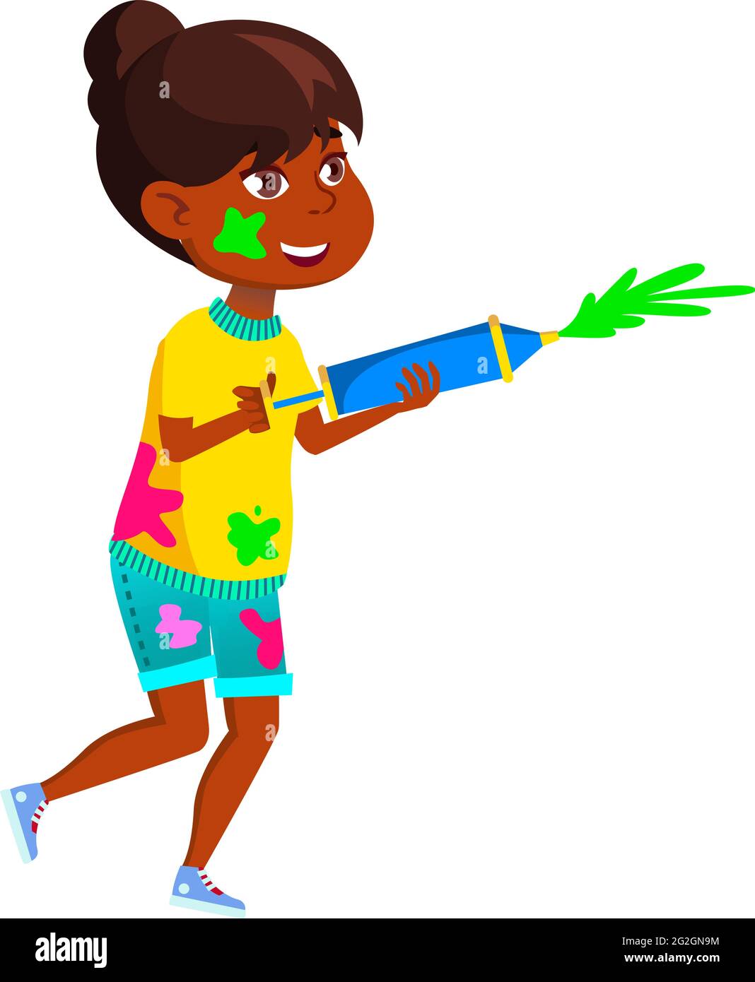 playful girl splashing paint with gun on friend in garden cartoon ...