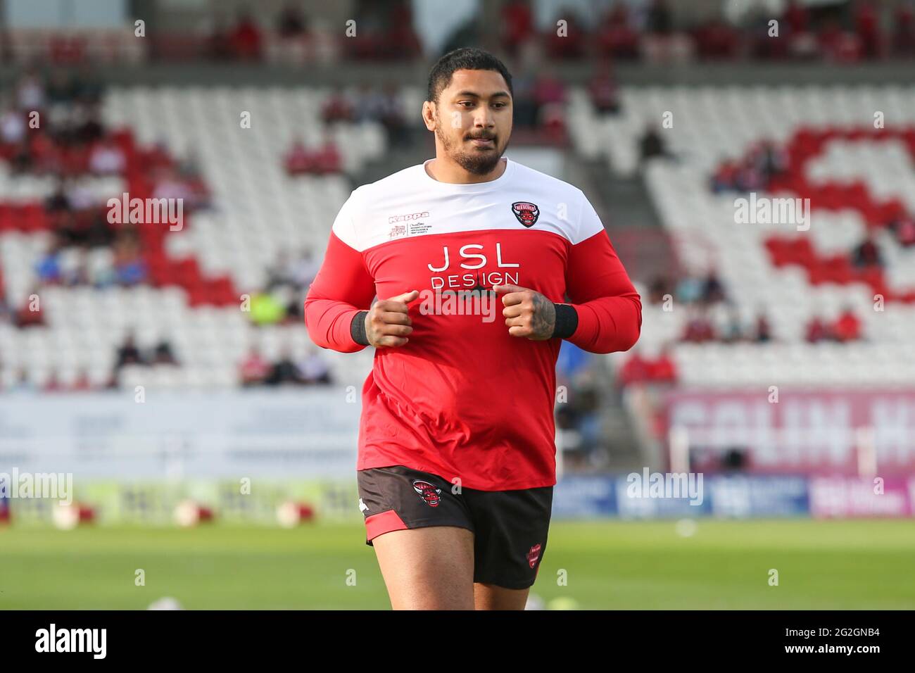 Pauli Pauli (12) of Salford Red Devils during pre-game warm up in, on 6 ...