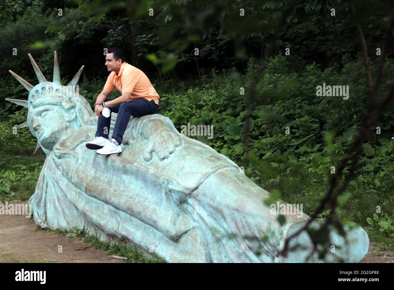 New York, NY, USA. 11 Jun 2021. A 25-foot-long sculpture of the Statue ...