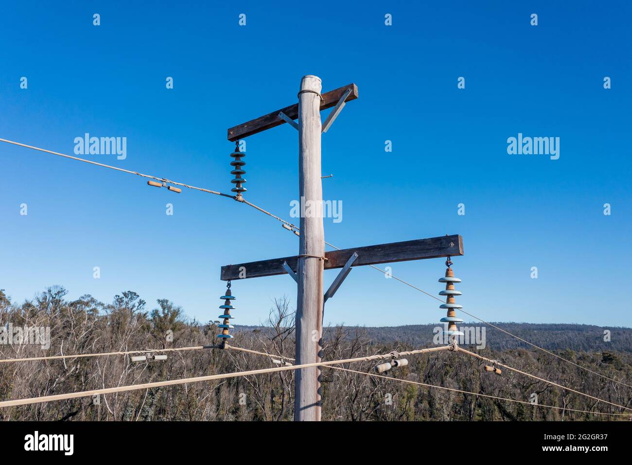 Drone aerial photograph of a telephone pole and wires in a forest ...