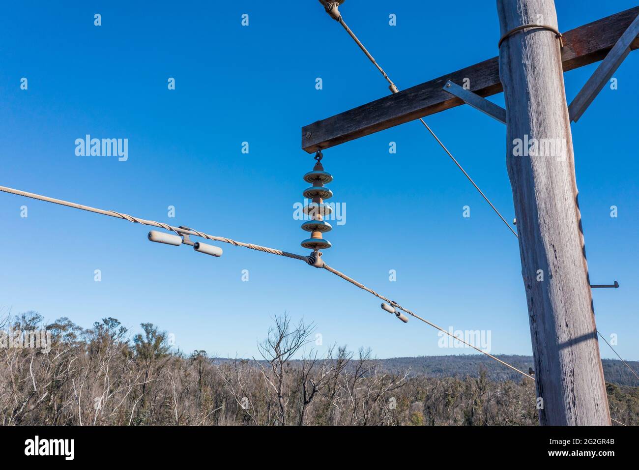 Drone aerial photograph of a telephone pole and wires in a forest ...