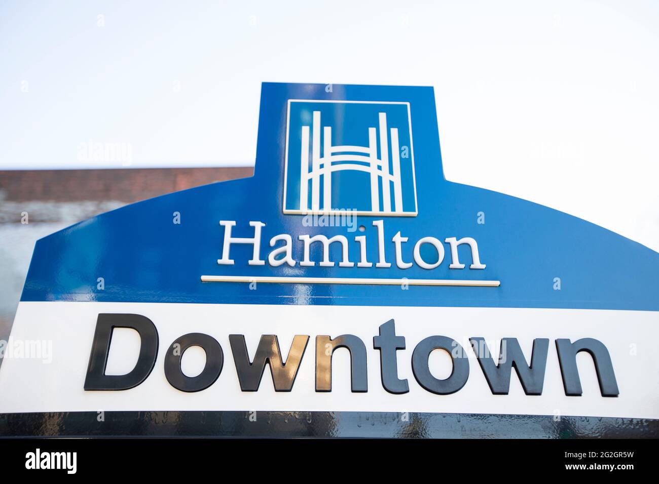 A large sign displays the City of Hamilton logo and Downtown. Hamilton ...