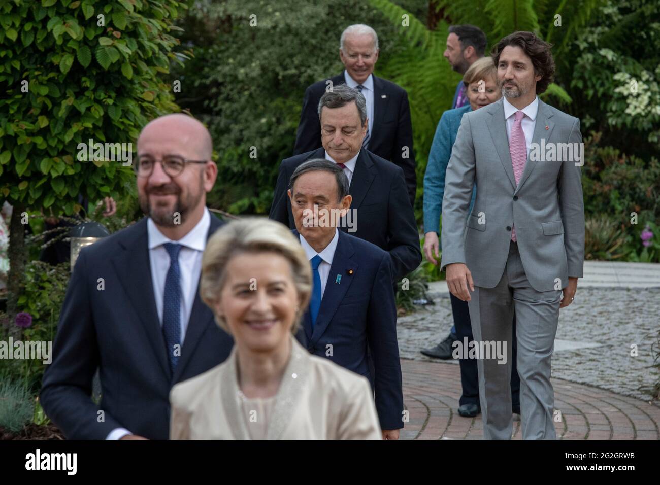 G7 leaders make their way for a group photo before a reception at the ...