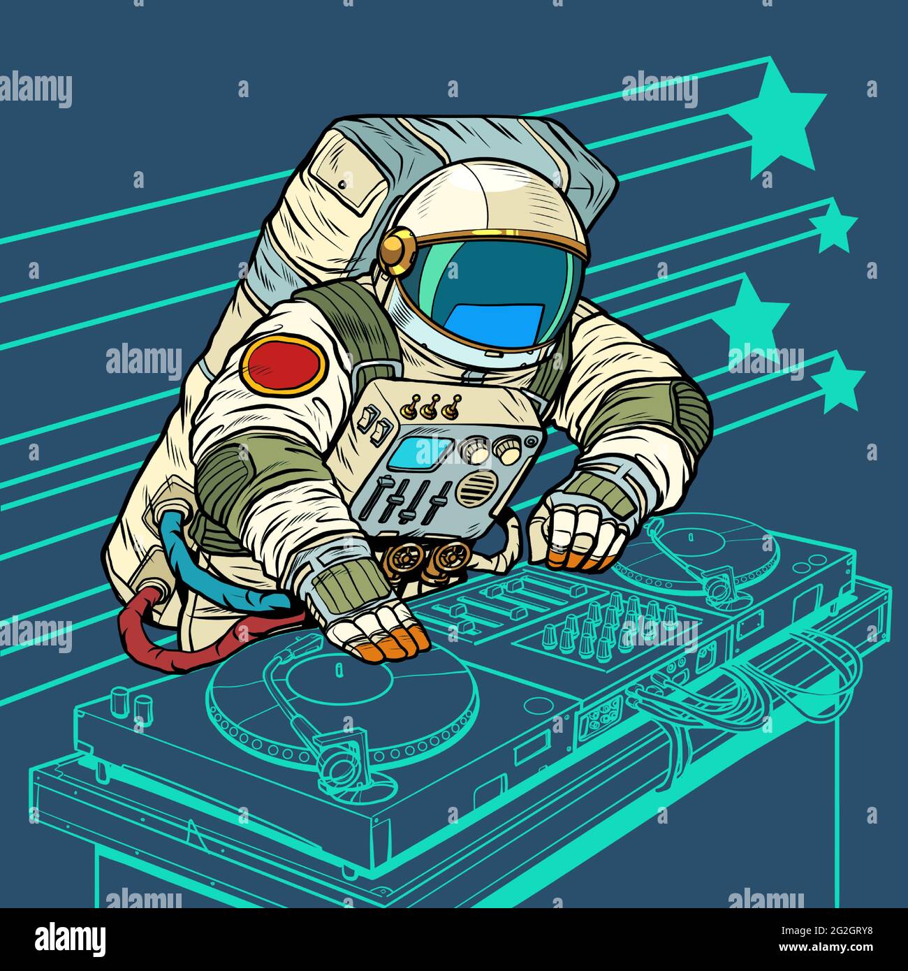 astronaut cosmonaut dj on vinyl turntables. concert music performance ...