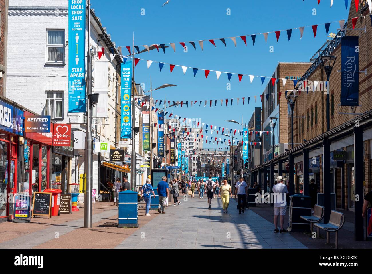 High Street shopping centre in Southend on Sea, Essex, UK decorated to ...