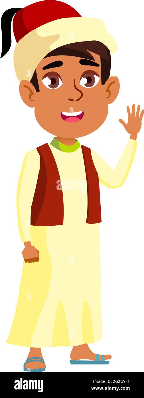 arabian boy in national garment glad to see international guests in ...