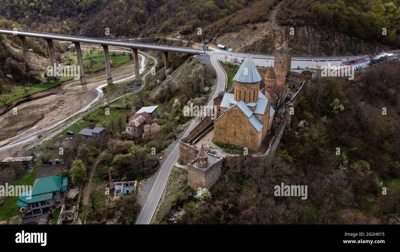 aerial view of Medieval Churches in Ananuri Fortress Against the Emeral ...