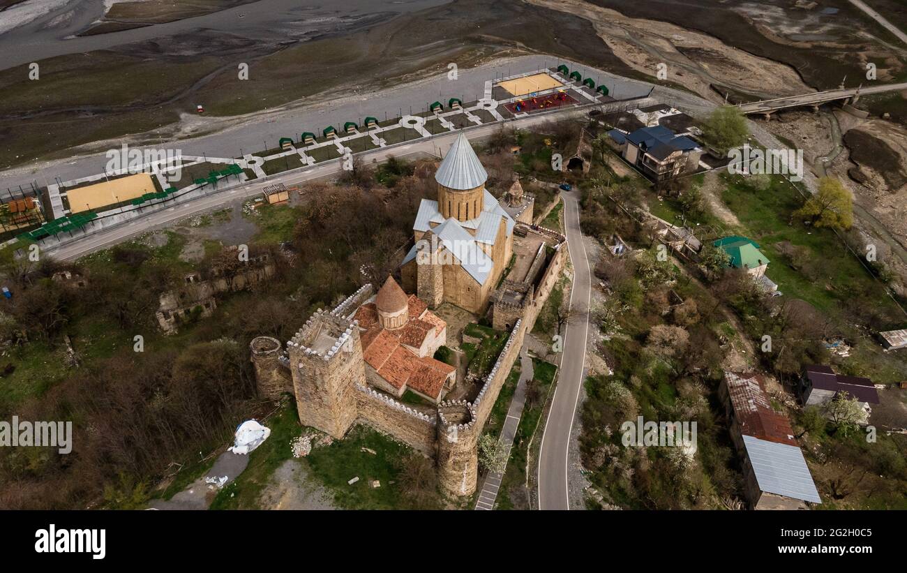 aerial view of Medieval Churches in Ananuri Fortress Against the Emeral ...