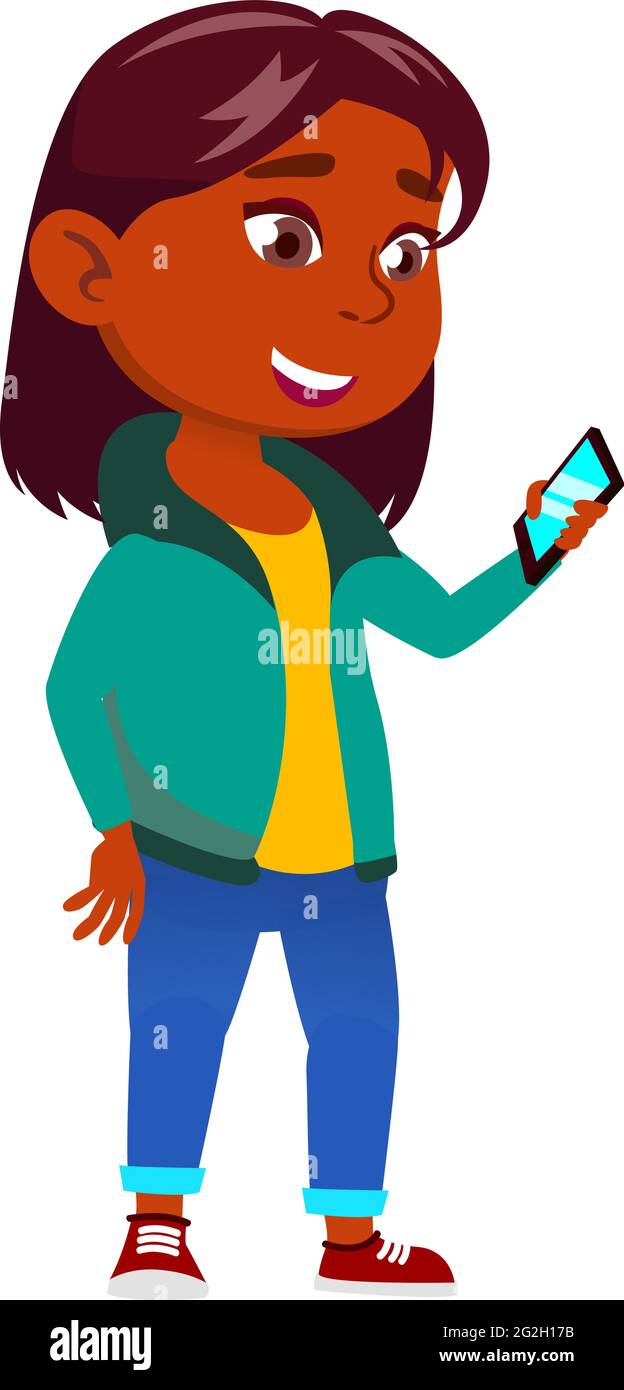 small girl with positive emotion reading sms message on phone display ...