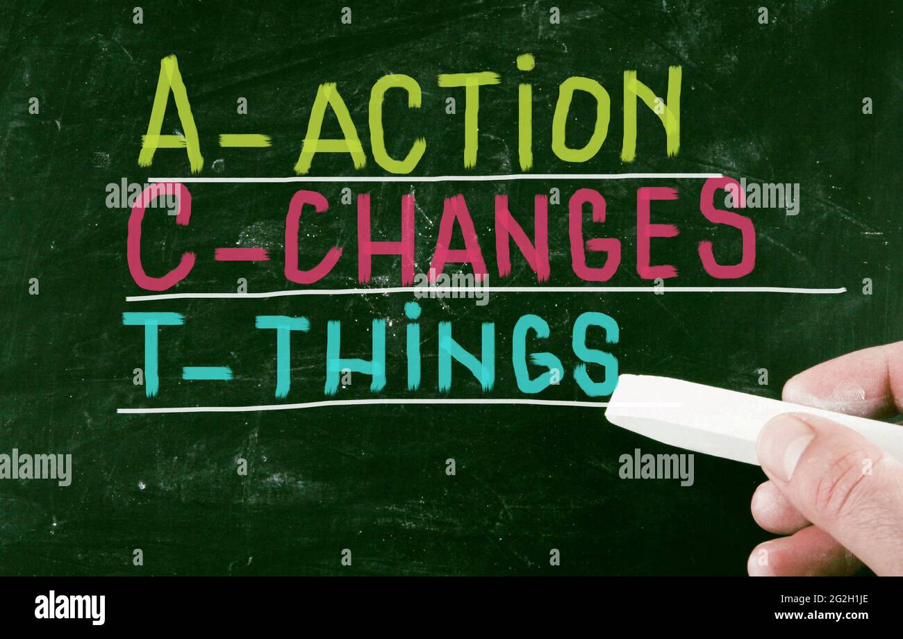 Colorful motivational note on the blackboard "Action changes things ...