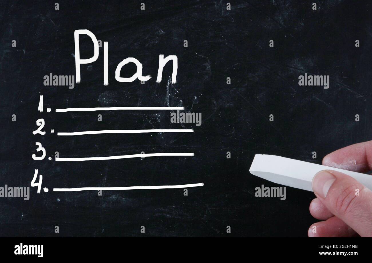 Male hand is writing a PLAN with points on the blackboard Stock Photo ...