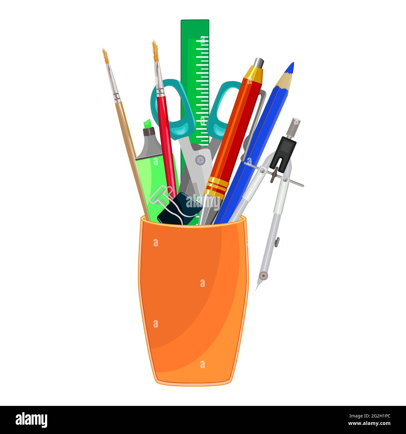 Pencils holder with school stationery isolated on white background ...